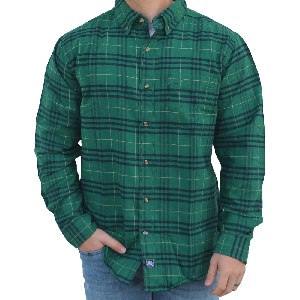 Real Work Wear Men's Long Sleeve Flannel Shirt, Evergreen - WWFB-A0002E ...