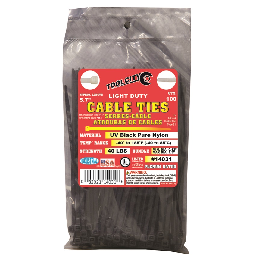 Tool City Black 5.7\" 40 lb. Tensile Light Duty Cable Ties, 100 Piece ...