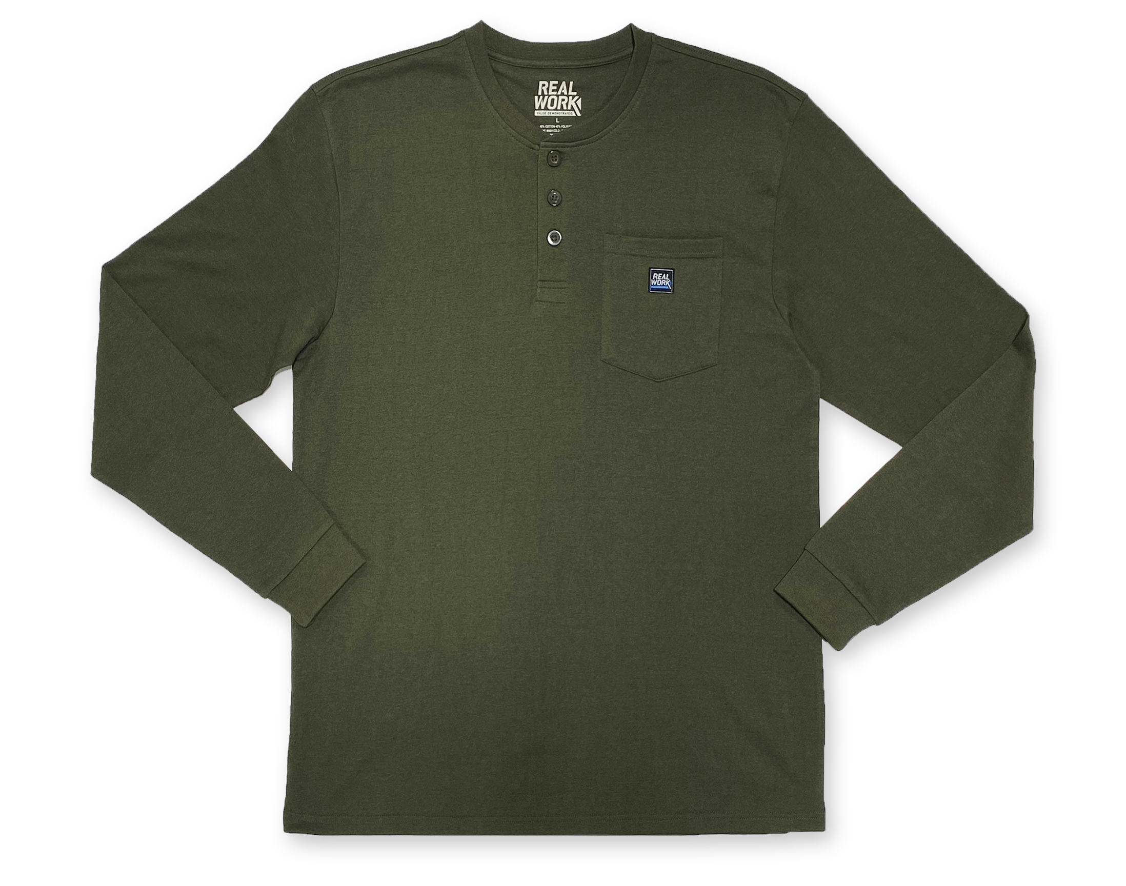 Real Work Wear Men's Long Sleeve Pocket Henley Shirt, Army Green - WWKL ...