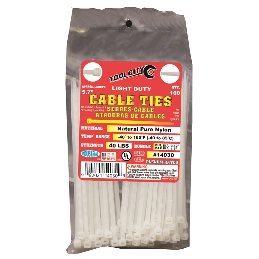 Tool City Natural 5.7\" 40 lb. Tensile Light Duty Cable Ties, 100 Piece ...