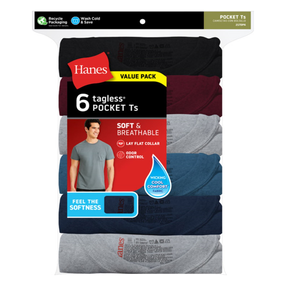 Hanes Men's Soft And Breathable Pocket T-Shirt Assorted 6-Pack - 217DP6 ...